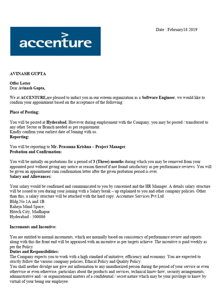 Accenture Offer Letter | PDF | Employment | Justice