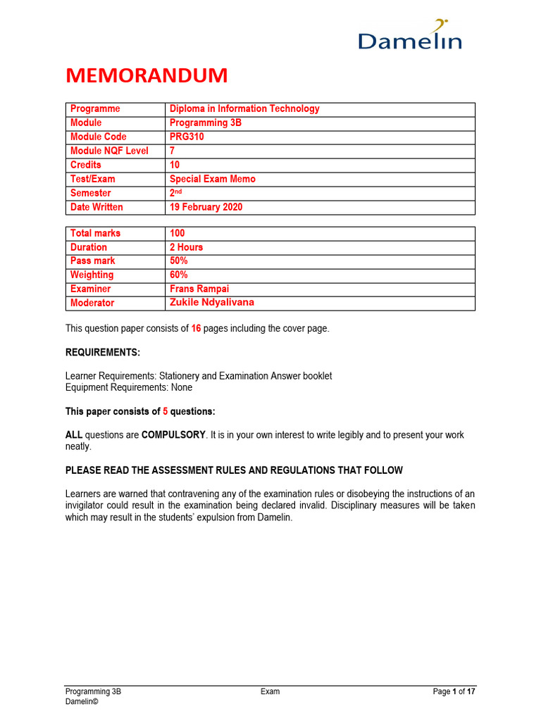 Diploma-Programming 3B Special Exam Memo FR QA | PDF | Class (Computer ...