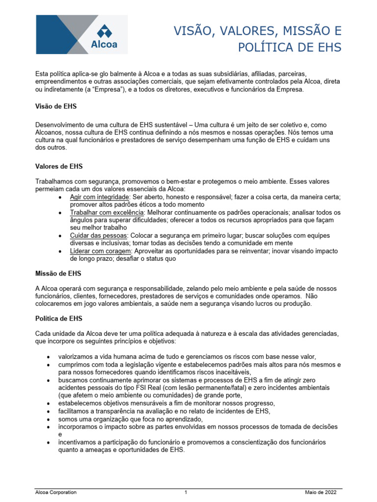 Política de EHS da Alcoa: Visão e Valores | PDF | Negócios