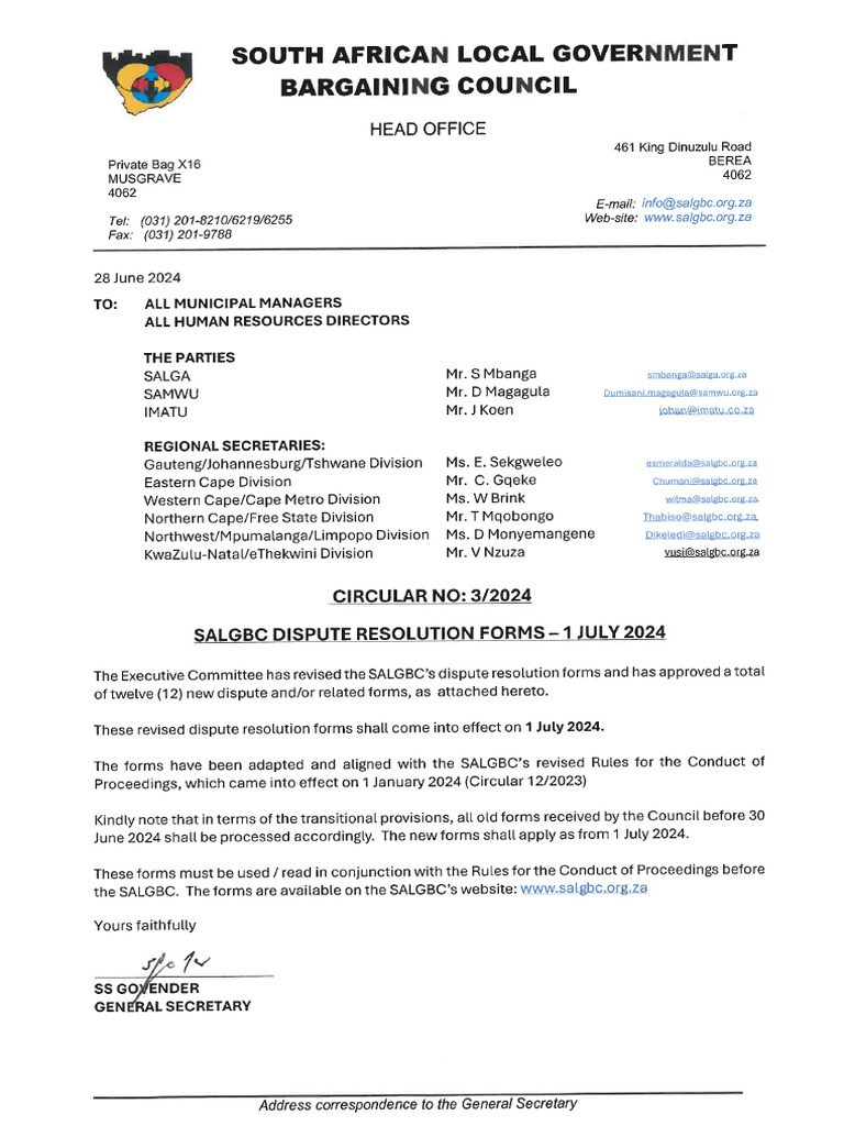 Circular 3 of 2024 - Salgbc Dispute Resolution Forms - 1 July 2024 | PDF
