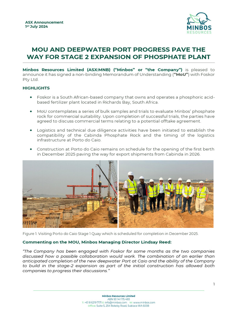MoU With Foskor and Port Update | PDF | Business | Economies