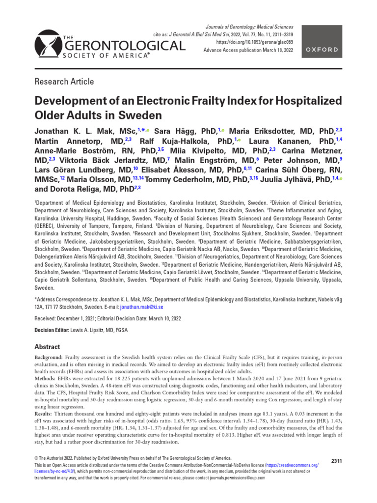 Development of An Electronic Frailty Index For Hospitalized Older Adults in Sweden | PDF ...
