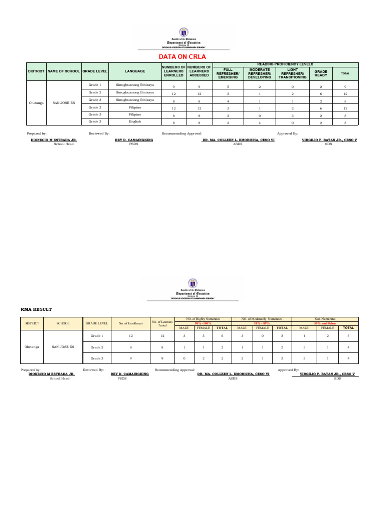 CONSOLIDATED DATAs FOR CRLA RMA AND PHIL IRI SAN JOSE ES 2024 | PDF ...