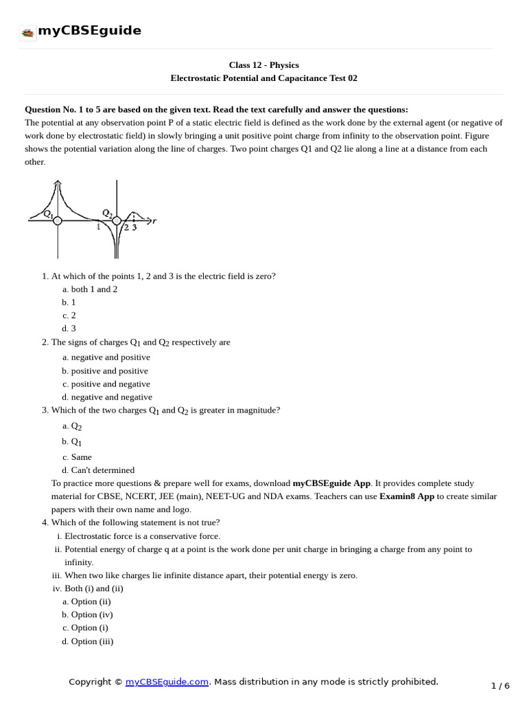 12 Physics Electrostaticpotentialandcapacitance tp02 | PDF | Capacitor | Electric Field