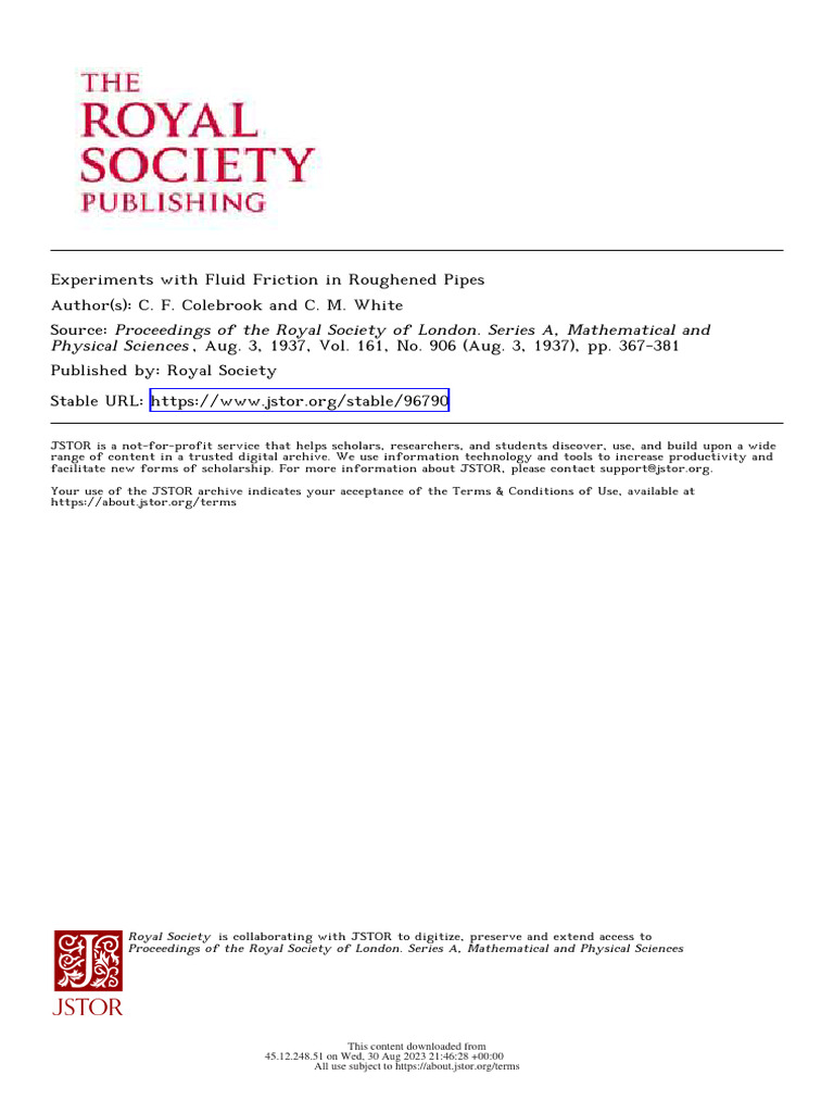 Colebrook-White 1937 | PDF | Reynolds Number | Friction