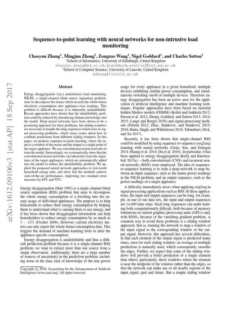Sequence-To-Point Learning With Neural Networks For Non-Intrusive Load Monitoring | PDF ...