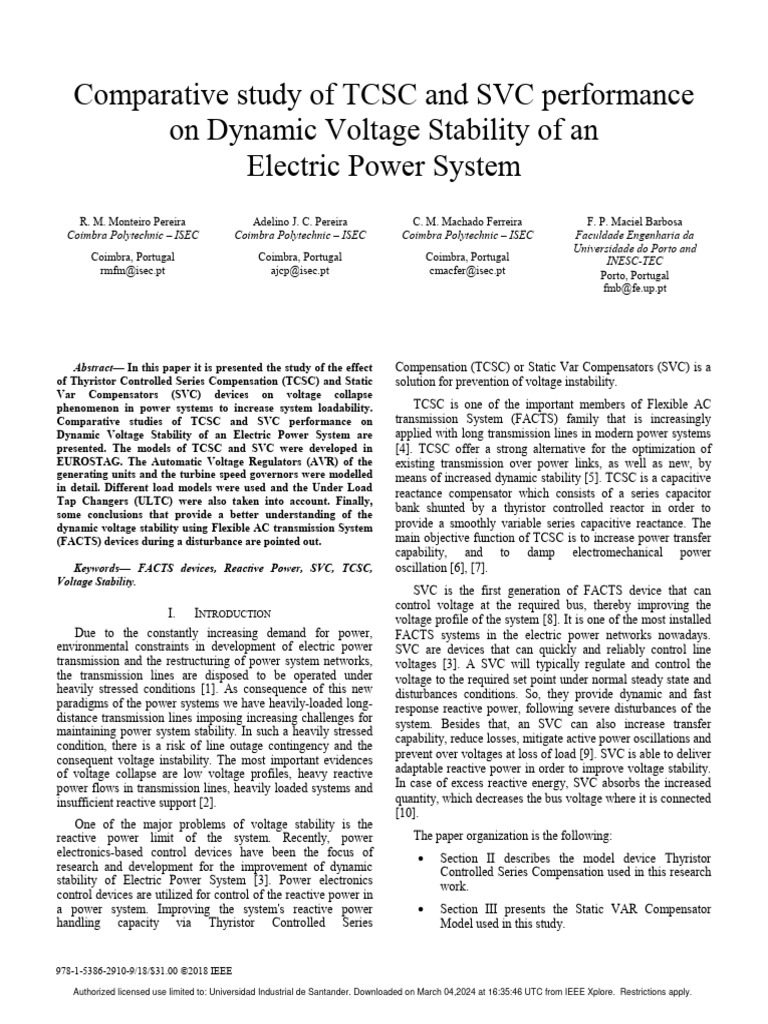 Comparative Study of TCSC and SVC Performance On Dynamic Voltage Stability of An Electric Power ...