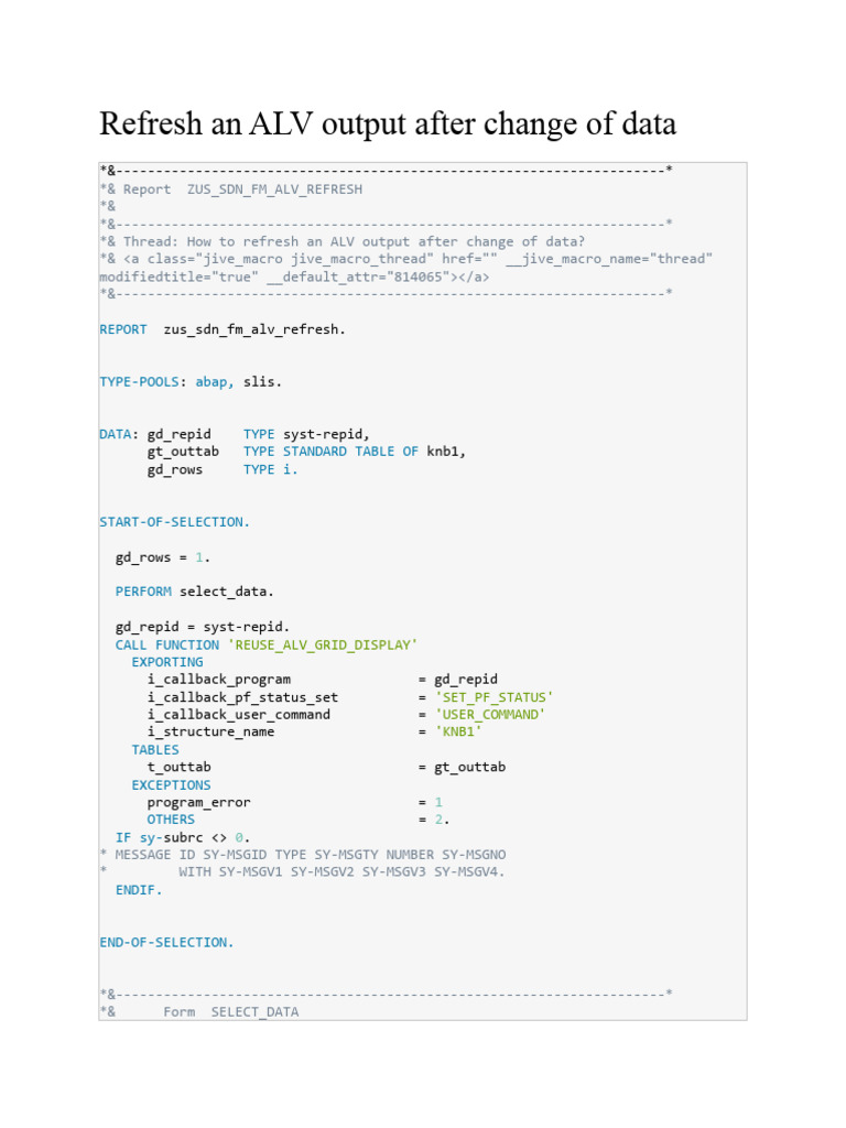 Refresh An ALV Output Sample | PDF | Computer Programming | Computing