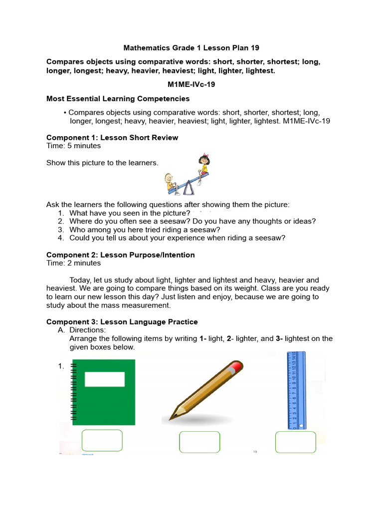 Mathematics Grade 1 Lesson Plan 19 | PDF | Lesson Plan | Weight