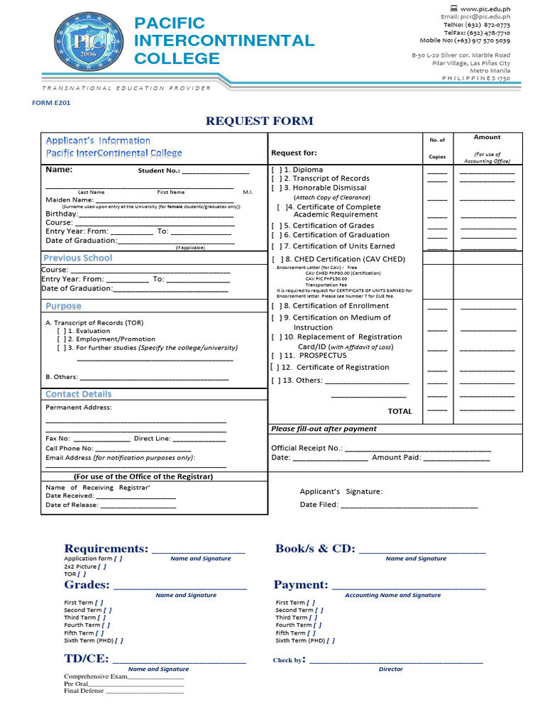 PIC FORM E201 - New | PDF