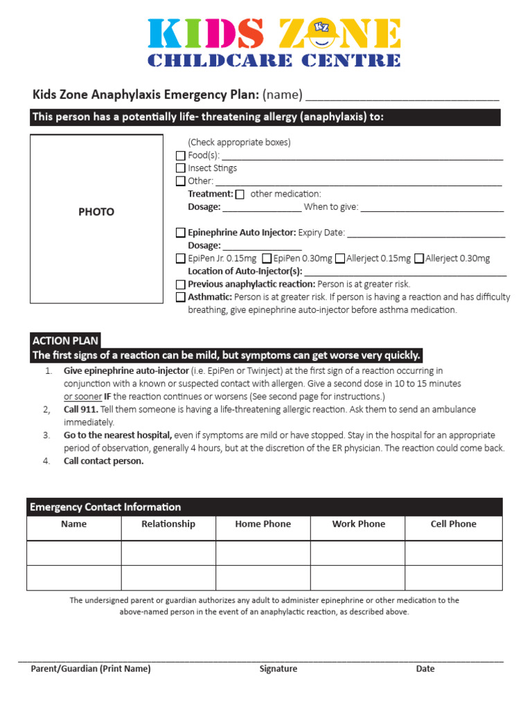 Kids Zone Individual Allergy Plan | PDF | Epinephrine Autoinjector ...