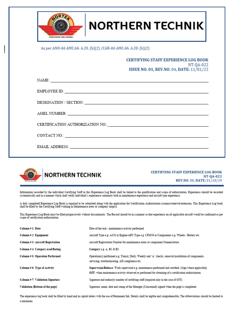 NT-QA-022 - Certifying Staff Experience Log Book | PDF