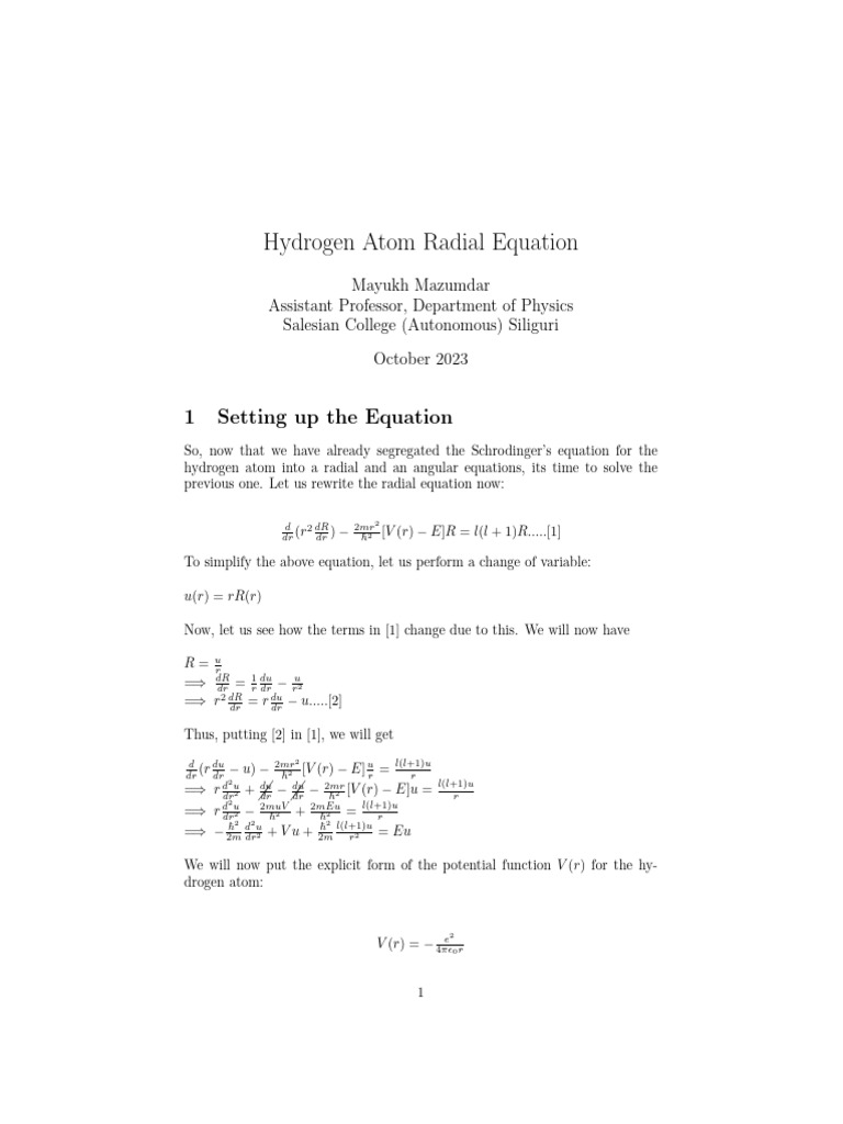 Radial Equation of Hydrogen Atom | PDF | Equations | Physical Chemistry