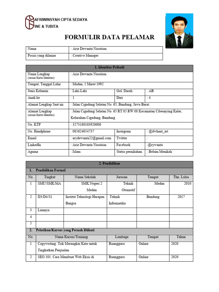 Formulir Data Pelamar Arie Dewanta - PT. ACS | PDF