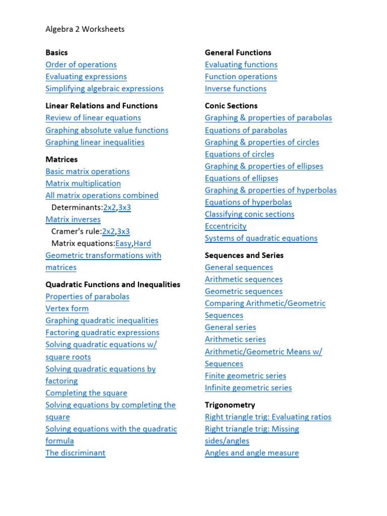 List of Algebra 2 Worksheets | PDF | Equations | Quadratic Equation