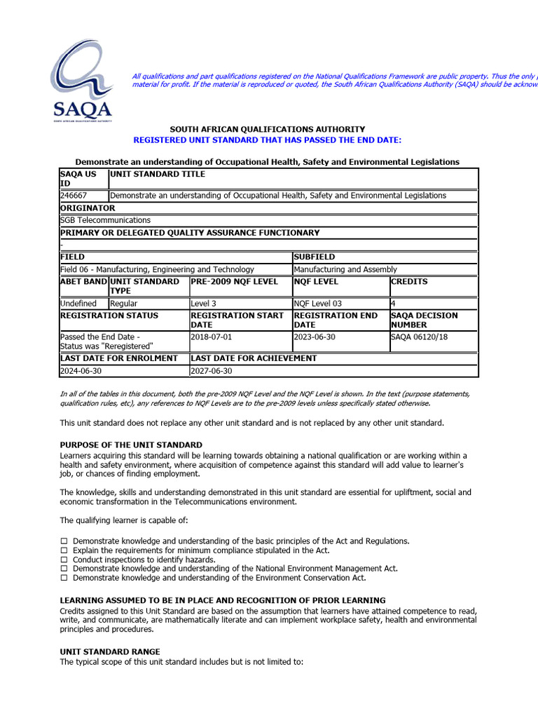 Saqa 246667 Demonstrate An Understanding of Occupational Health and Safety and Environmental ...
