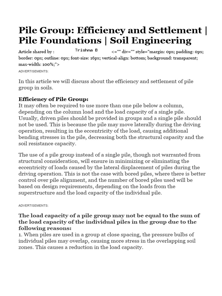 Pile Group - Efficiency and Settlement | PDF | Deep Foundation | Civil ...