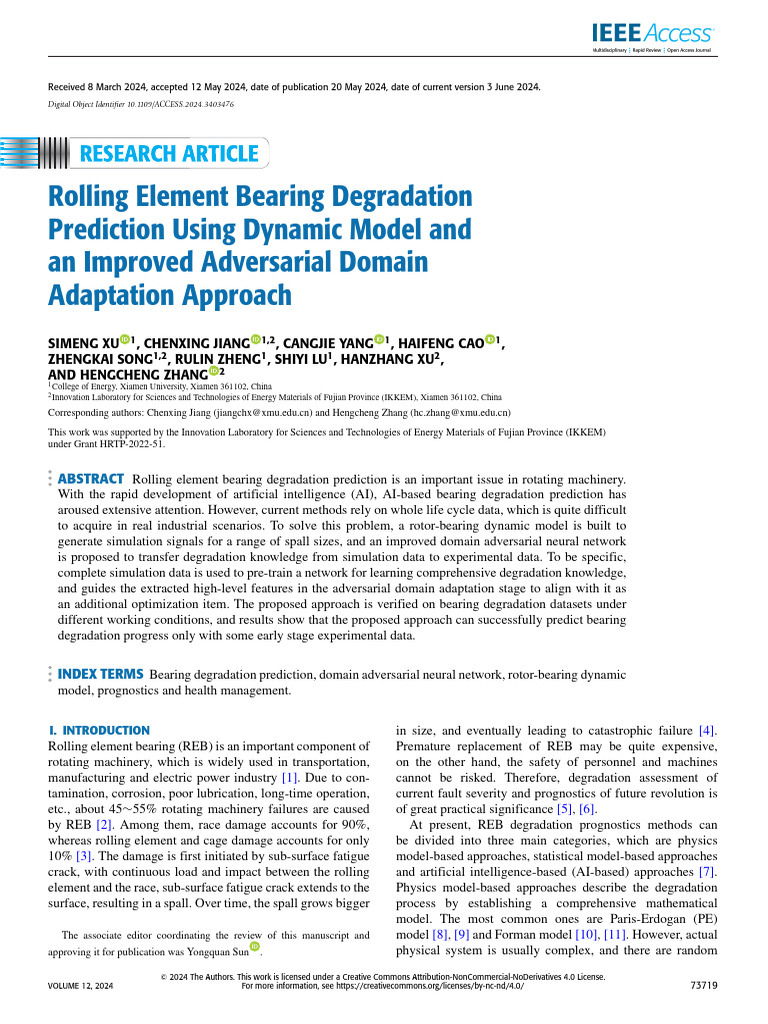Rolling Element Bearing Degradation Prediction Using Dynamic Model and An Improved Adversarial ...