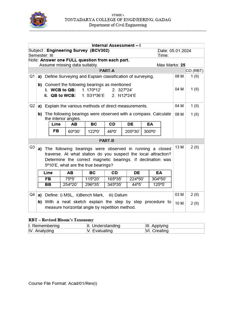 BCV302 Engineering Survey Question Paper | PDF | Surveying ...