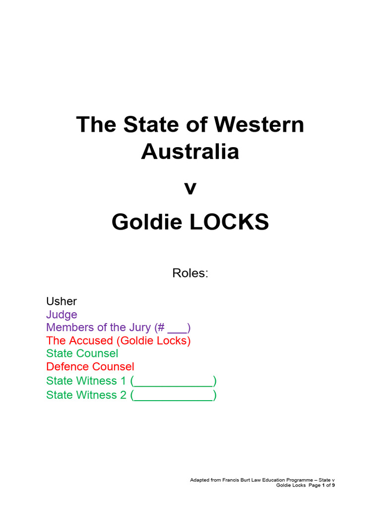 Goldilocks Mock Trial Script | PDF | Judge | Witness