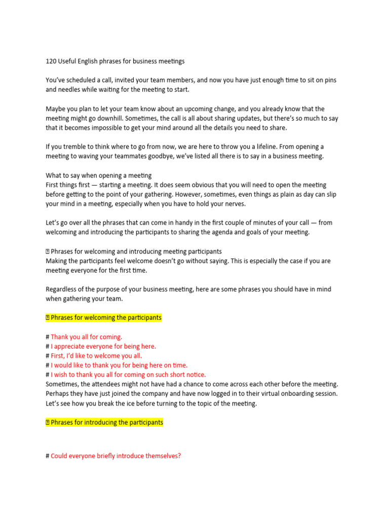 Essential Phrases for Business Meetings | PDF | Attention