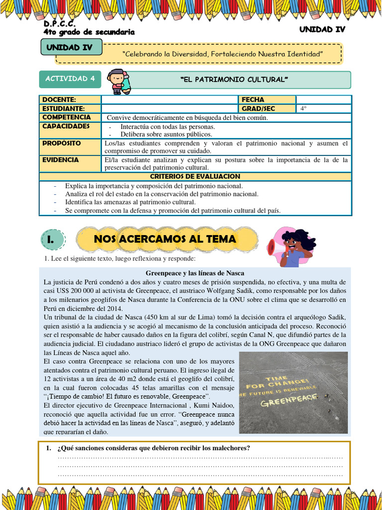 4° DPCC -ACTV.04-UNI.4 2024 | PDF | Perú | Patrimonio cultural