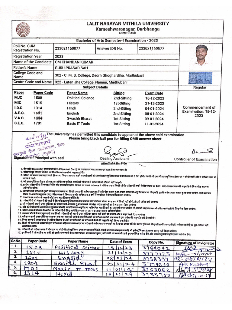 Om BA-1st (Sem) Admit Card | PDF