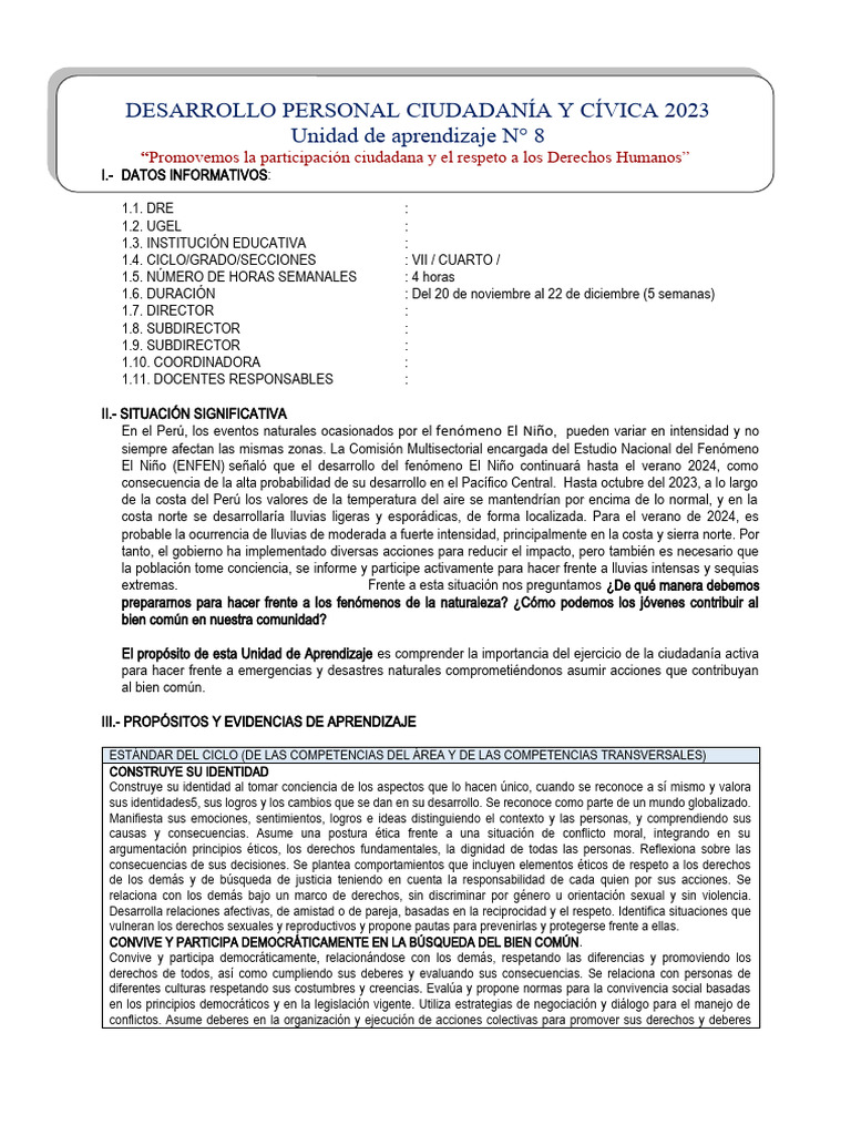 UNIDAD 8 - DPCC 4° | Descargar gratis PDF | Aprendizaje | Defensa Civil