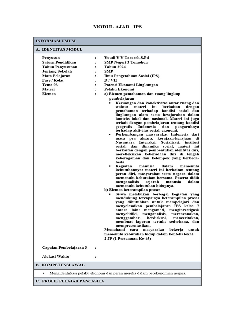 MODUL AJAR IPS Materi Pelaku Ekonomi | PDF | Kesehatan Holistik | Sains & Matematika