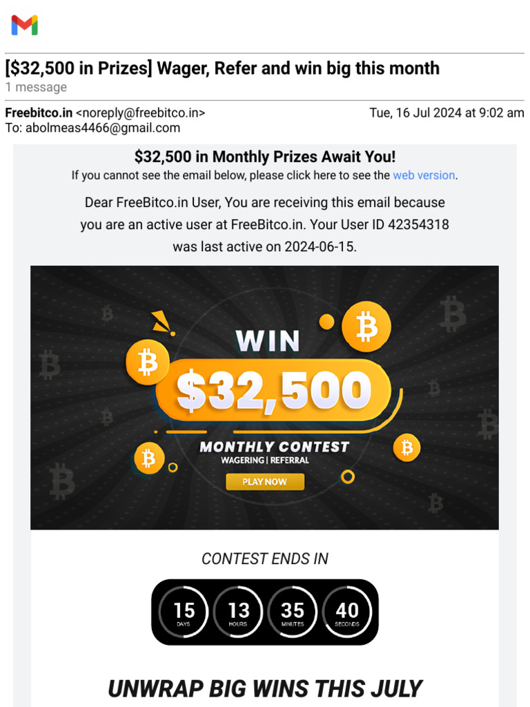 Gmail - ($32,500 in Prizes) Wager, Refer and Win Big This Month | PDF | World Wide Web ...