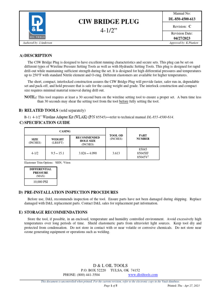 Ciw Bridge Plug: A) Description | PDF | Casing (Borehole) | Drilling