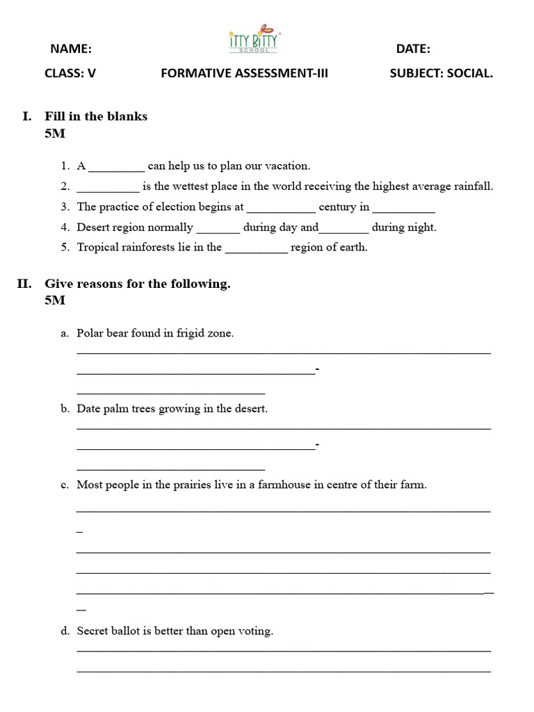Name: Date: Class: V Formative Assessment-Iii Subject: Social. I. Fill ...