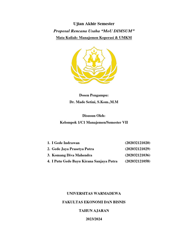 Ujian Akhir Semester - Proposal Rencana Usaha Kelompok 1 - MoU DIMSUM | PDF