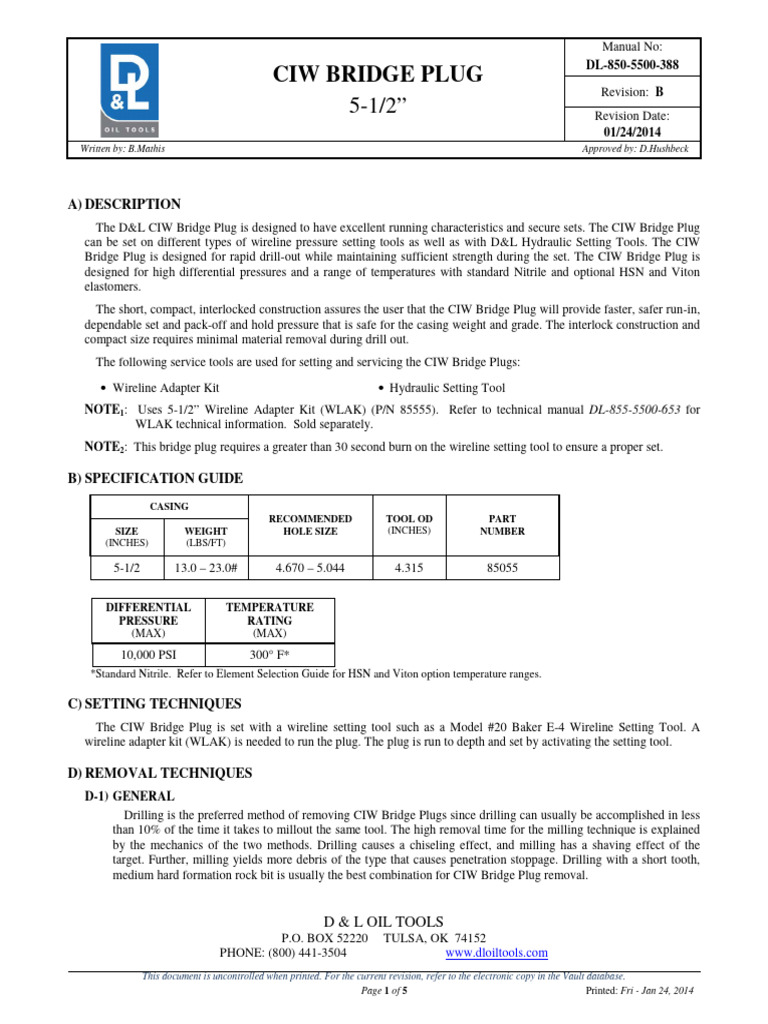 Ciw Bridge Plug: A) Description | PDF | Casing (Borehole) | Drilling