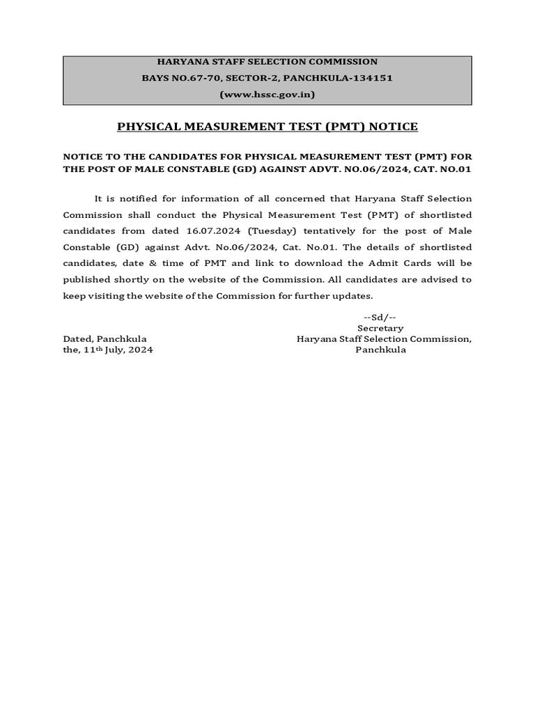 70100-Notice Dated 11.07.2024 To The Candidates For PMT Against Advt ...