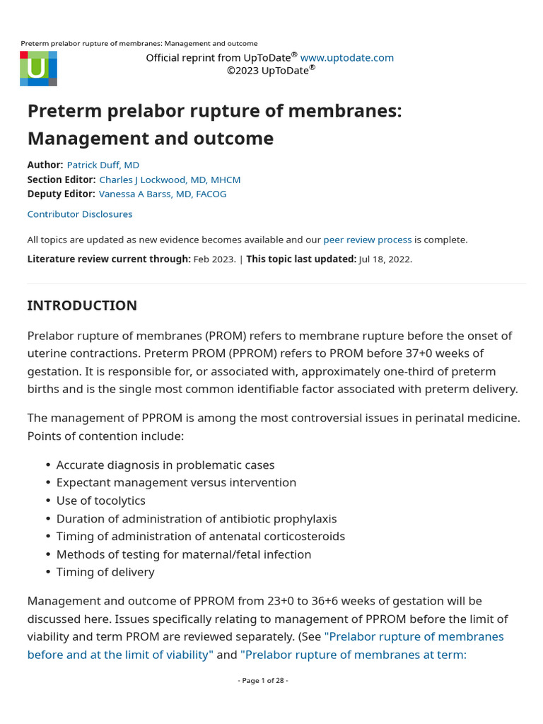 Preterm Prelabor Rupture of Membranes: Management and Outcome | PDF ...