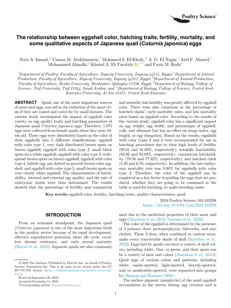 The Relationship Between Eggshell Color, Hatching Traits, Fertility ...