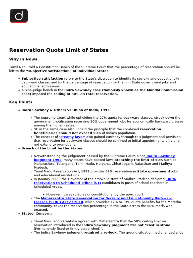 Reservation Quota Limit of States: Why in News | PDF | Government Of ...
