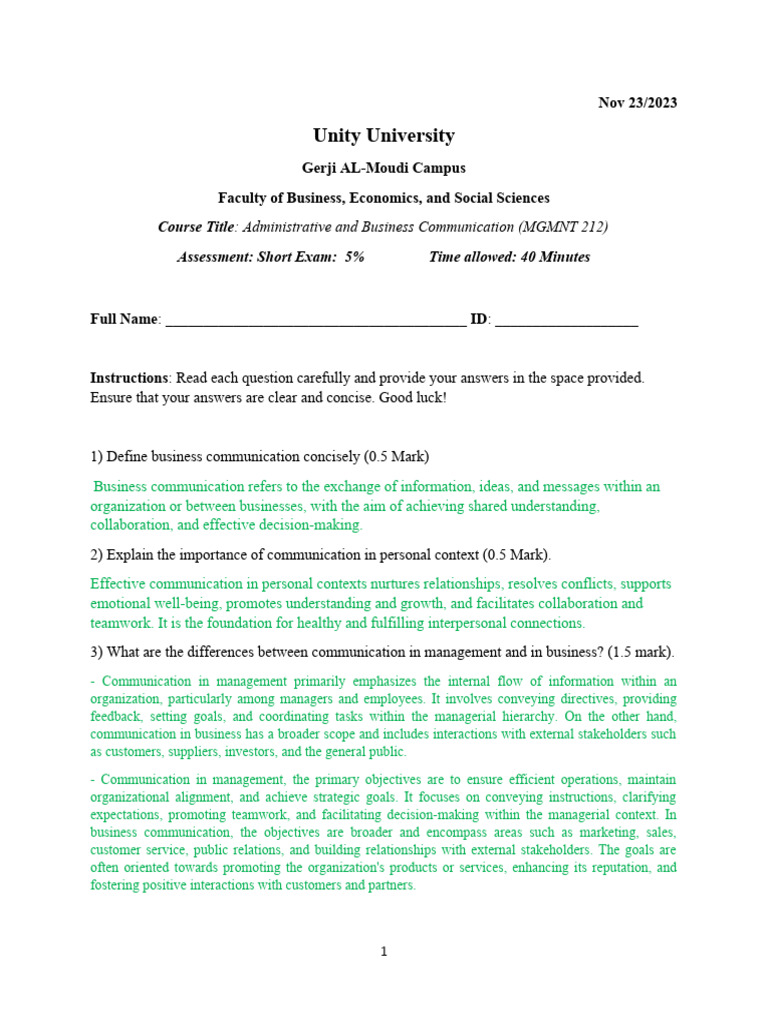 Business Communication Quiz | PDF | Communication | Goal