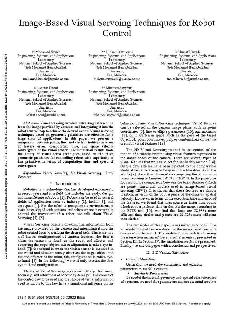 Image-Based Visual Servoing Techniques For Robot Control | PDF