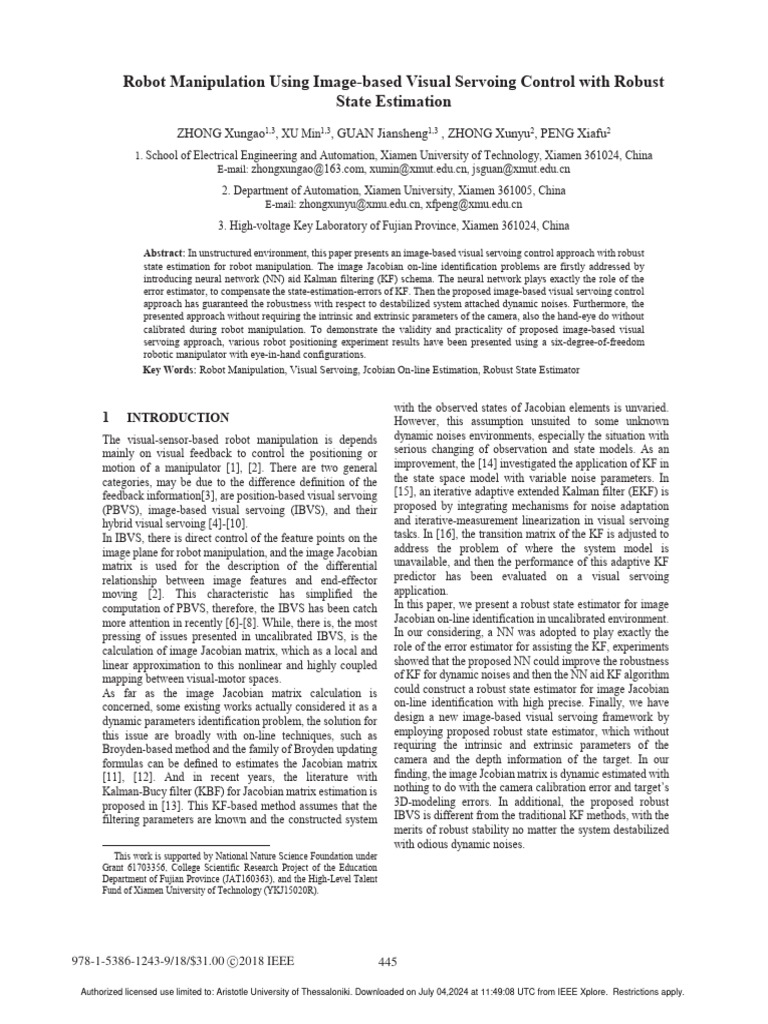 Robot Manipulation Using Image-Based Visual Servoing Control With Robust State Estimation | PDF ...