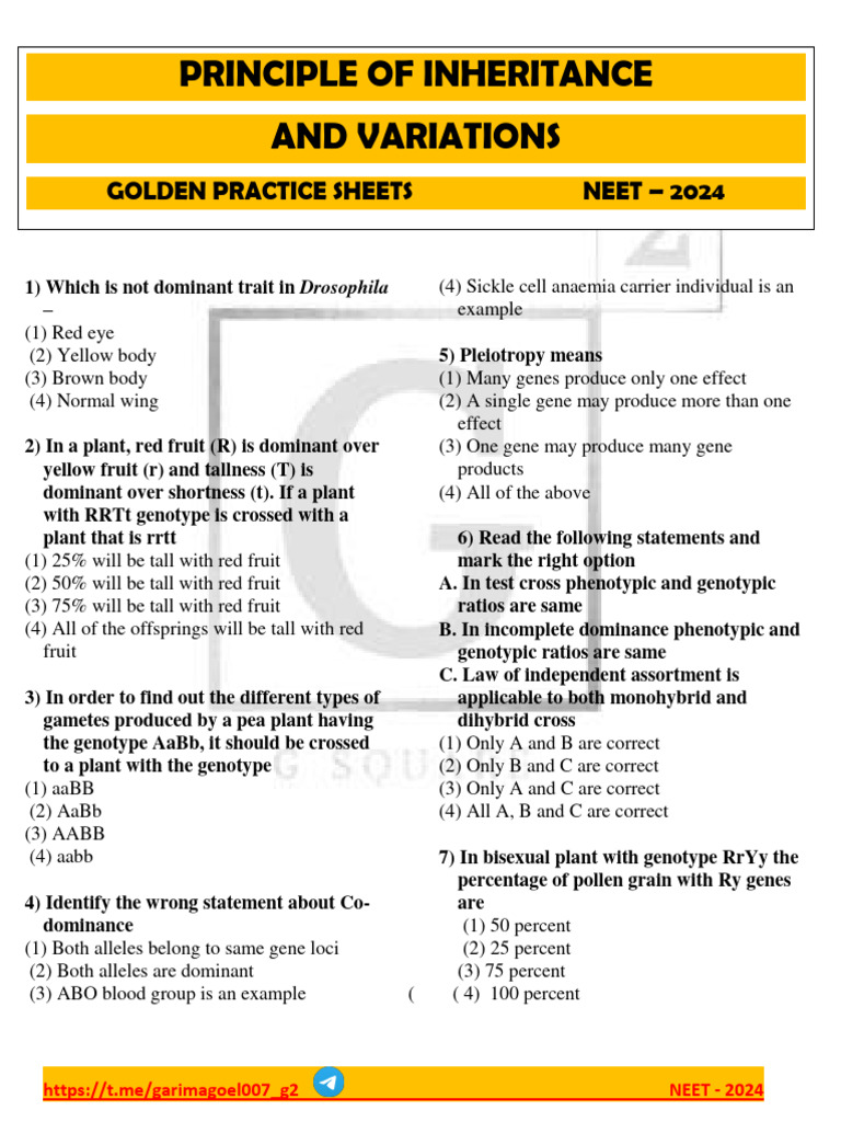 Gold DPP of Principle of Inheritance by Garima Mam | PDF | Dominance (Genetics) | Genetic Linkage