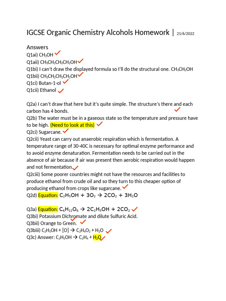 IGCSE Alcohols Homework Answers | PDF