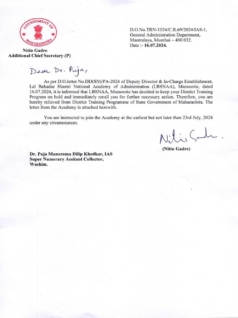 DR - Puja Khedkar, Prob. IAS-2023 Realiving D.O.letter Dt.16.07.2024 | PDF