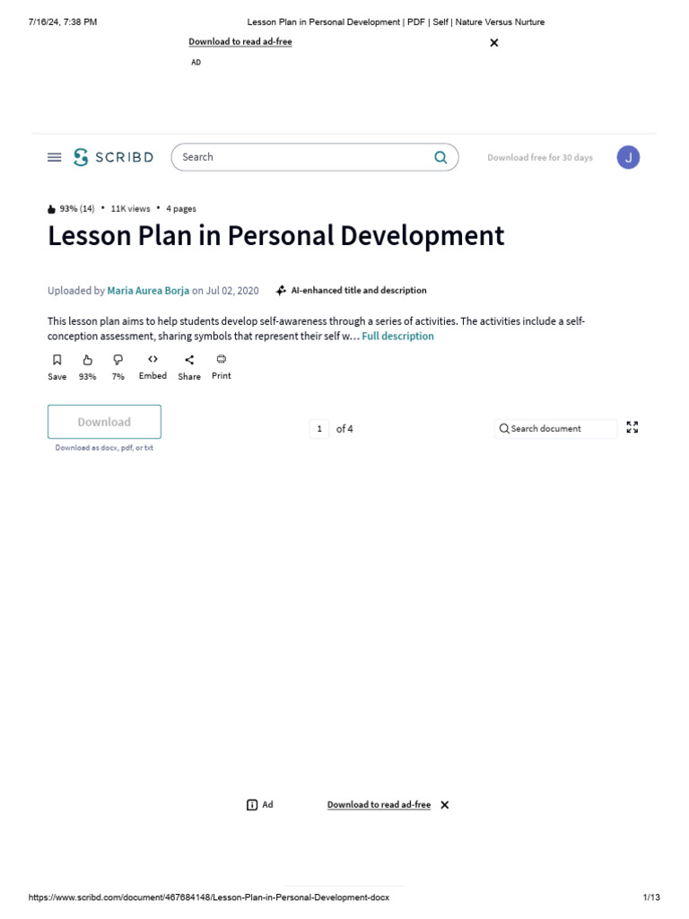Lesson Plan in Personal Development - PDF - Self - Nature Versus ...