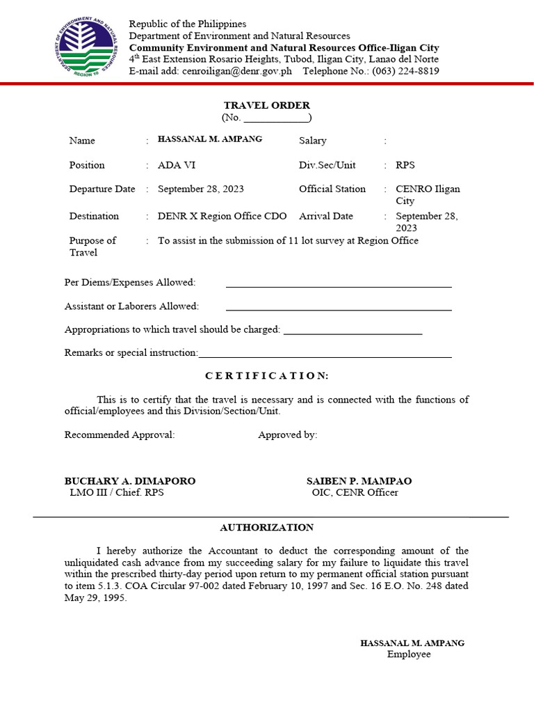 Travel Orders for DENR Employees | PDF | Per Diem | Expense
