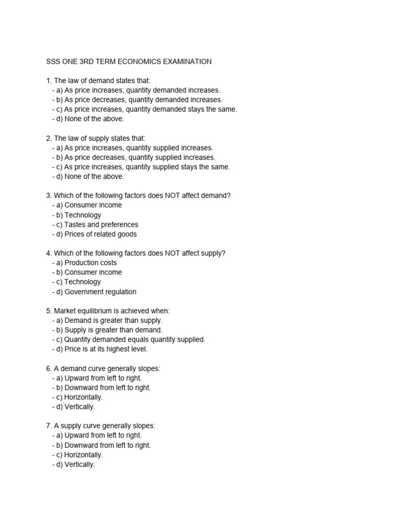 SSS ONE ECONOMICS 3RD TERM EXAMINATION (1) | Download Free PDF | Demand ...