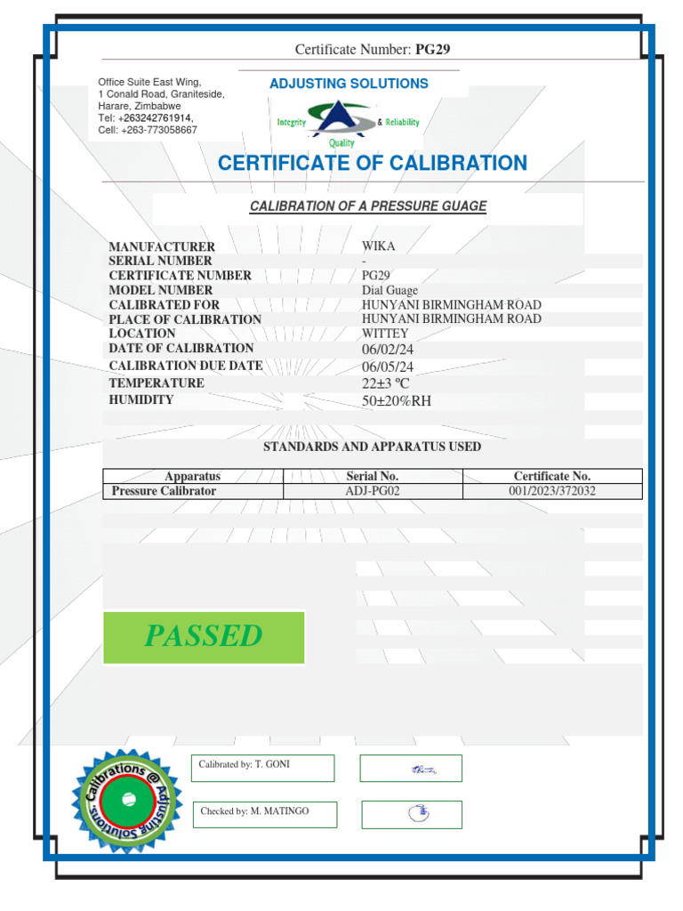 CERTIFICATE OF CALIBRATION FOR A Pressure Guage- WITTEY-PG 29 PASS ...