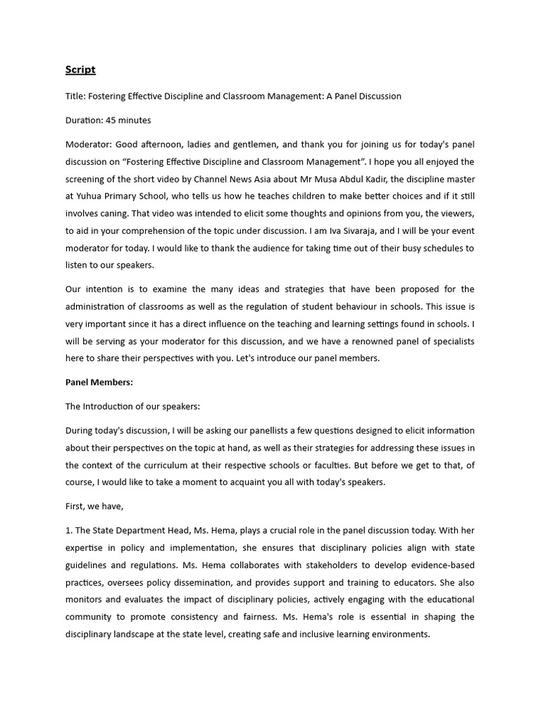 Forum - Fostering Effective Discipline and Classroom Management - A Panel Discussion | PDF ...