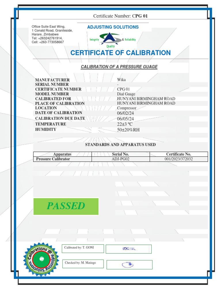 CERTIFICATE OF CALIBRATION FOR A Pressure Guage - COMPRESSER CPG 01 ...